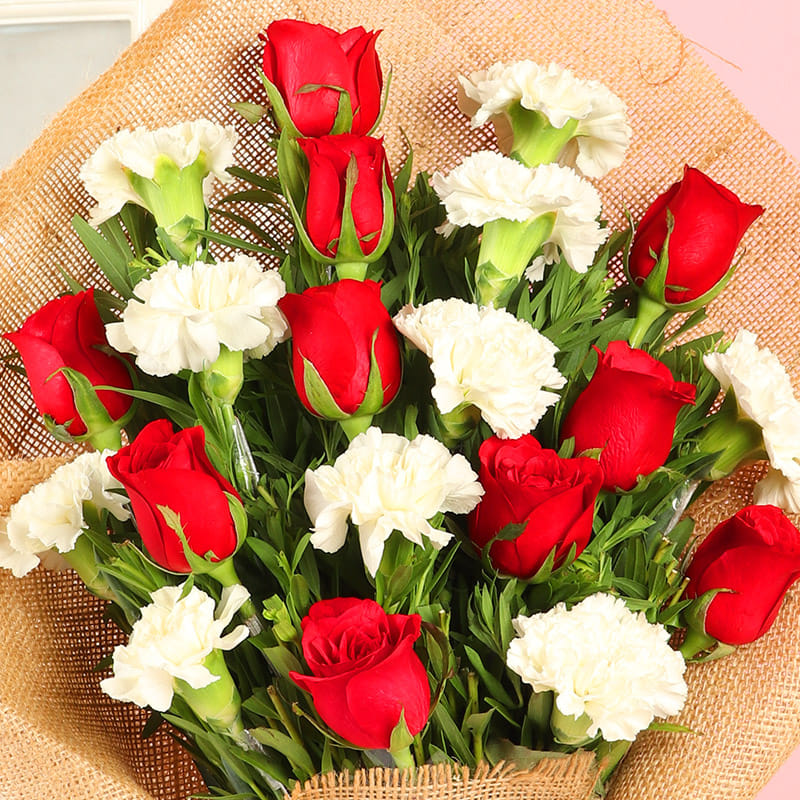 Red Flowers | Red Roses Bouquet | Red Color Carnations | FlowerAura